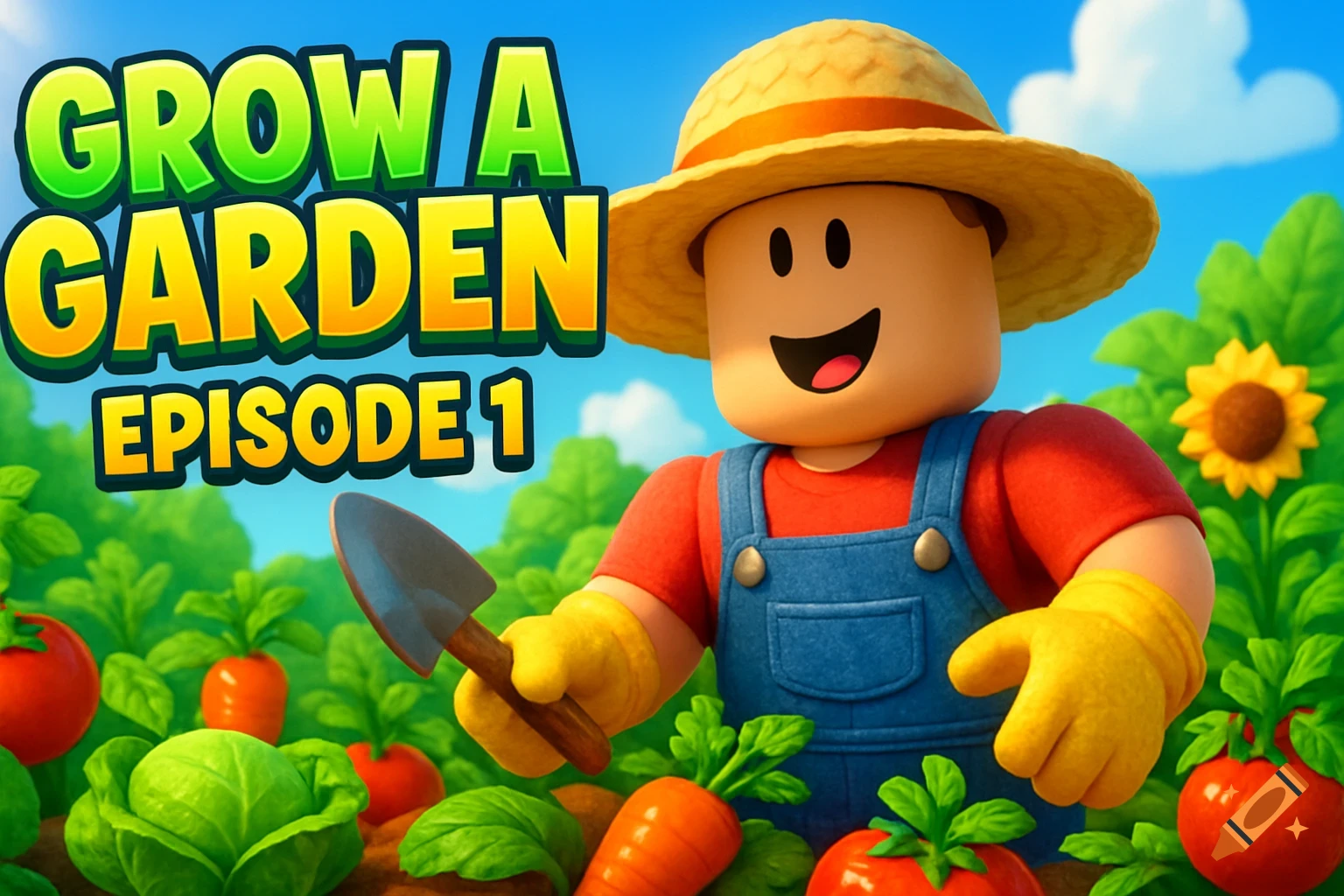 A Roblox-style character farmer in a sunny garden with plants and tools ...