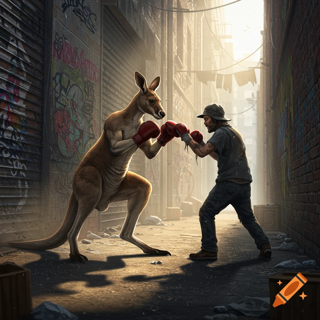 A photorealistic image of a kangaroo wearing red boxing gloves fighting ...