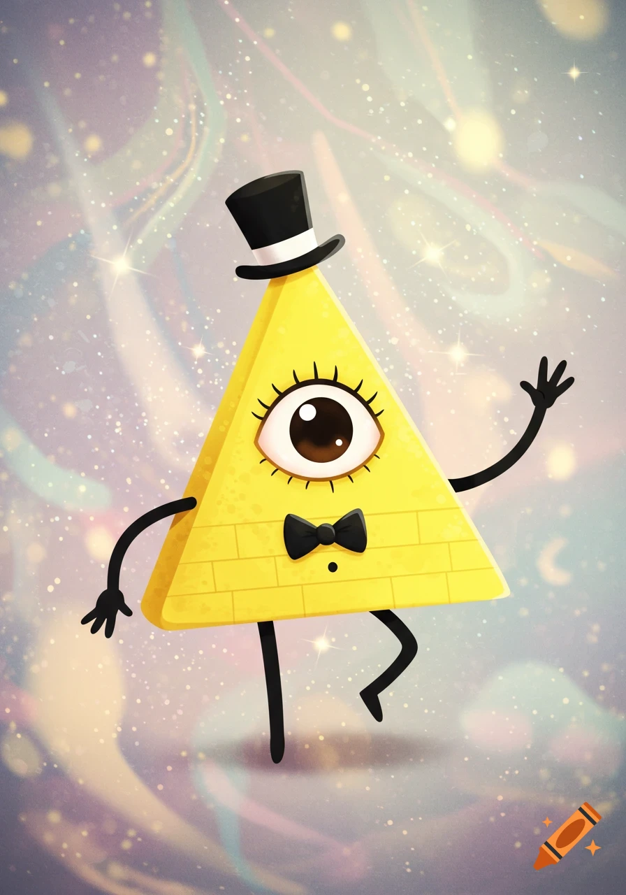 Bill Cipher, a yellow triangle with a top hat and bowtie, floats above ...