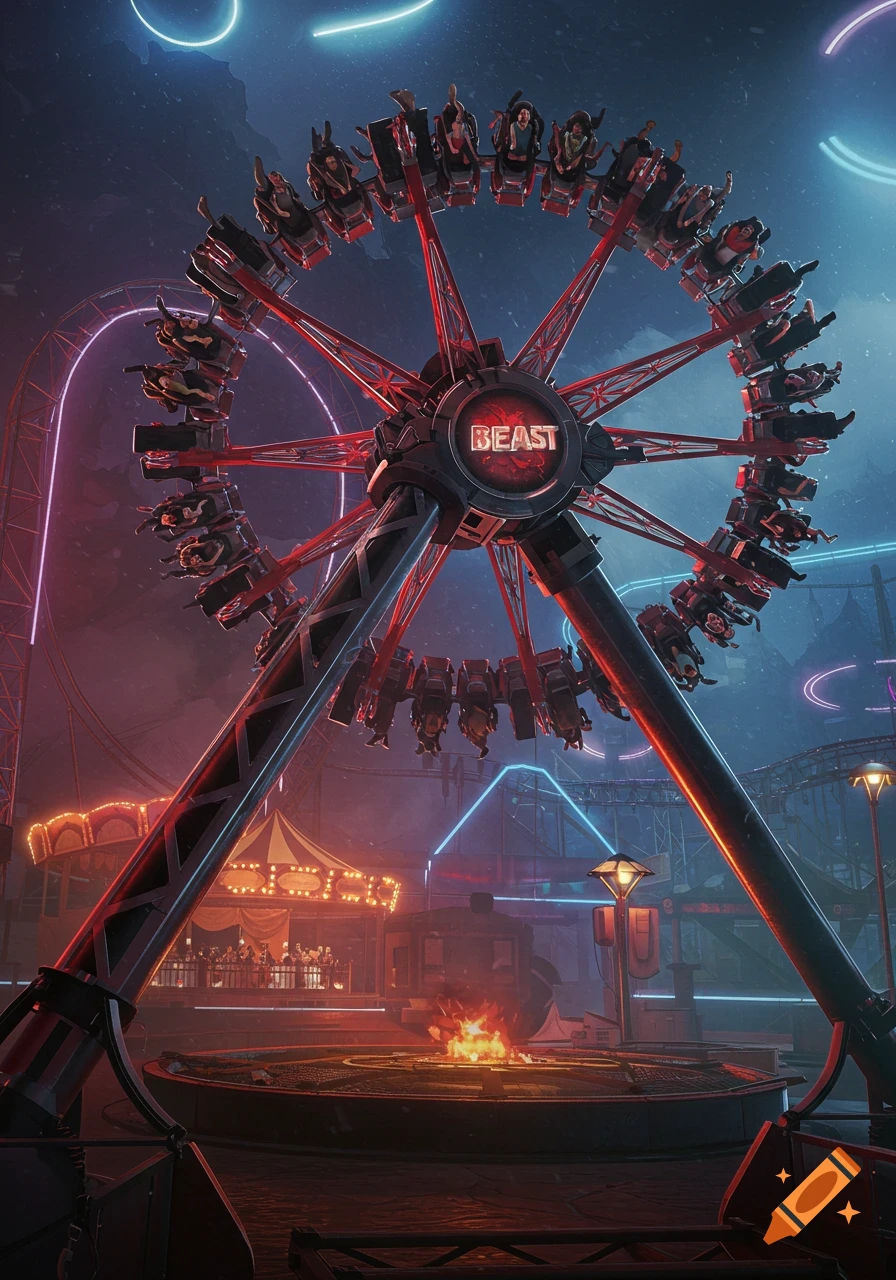 A large green neon amusement park ride spins at night, surrounded by ...