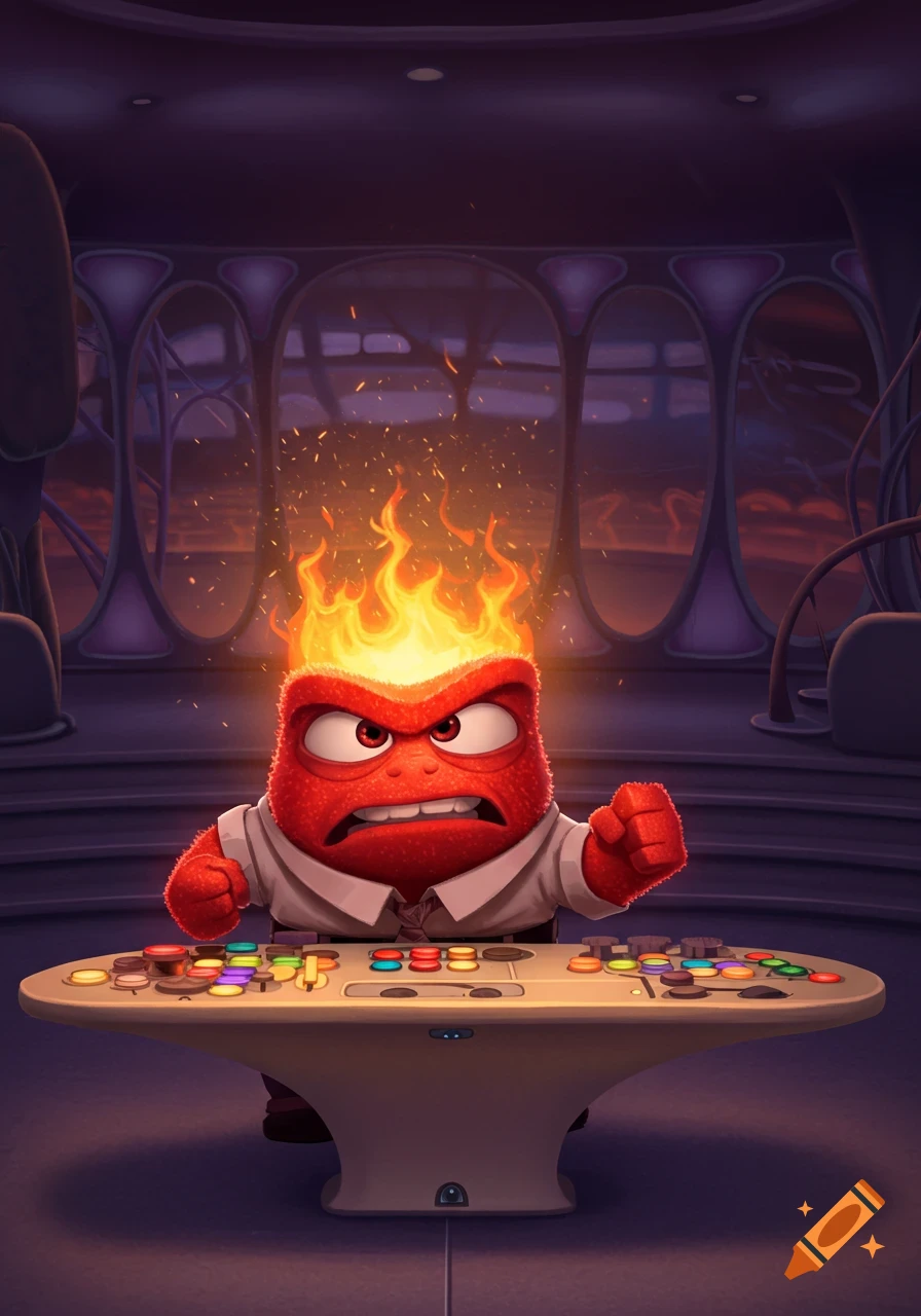 A red, fiery cartoon character (Anger from Inside Out) stands furiously ...