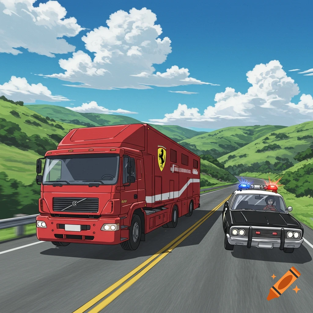 Red Ferrari F1 hauler truck and a police car on a road through green ...
