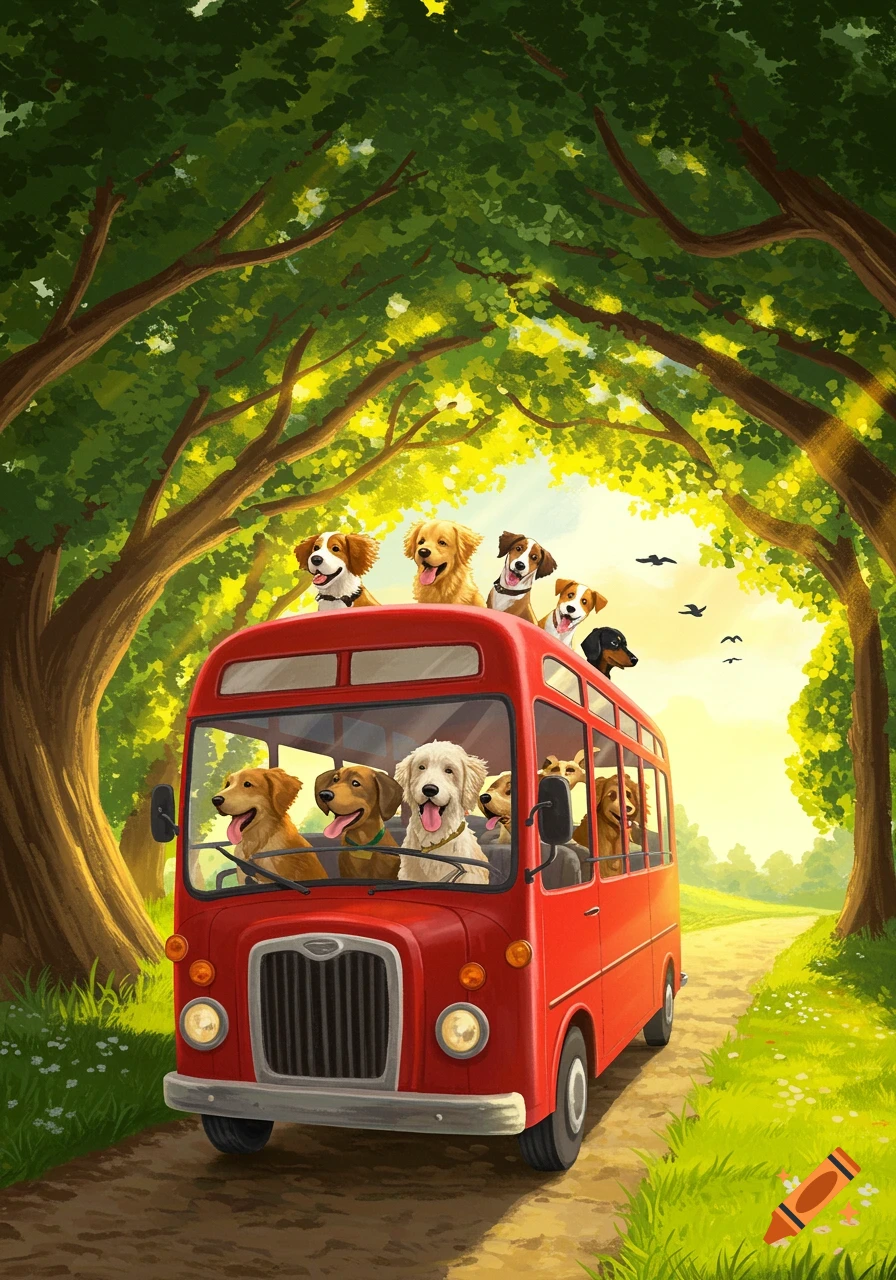 A red open-top bus full of happy dogs drives down a sunny, tree-lined ...