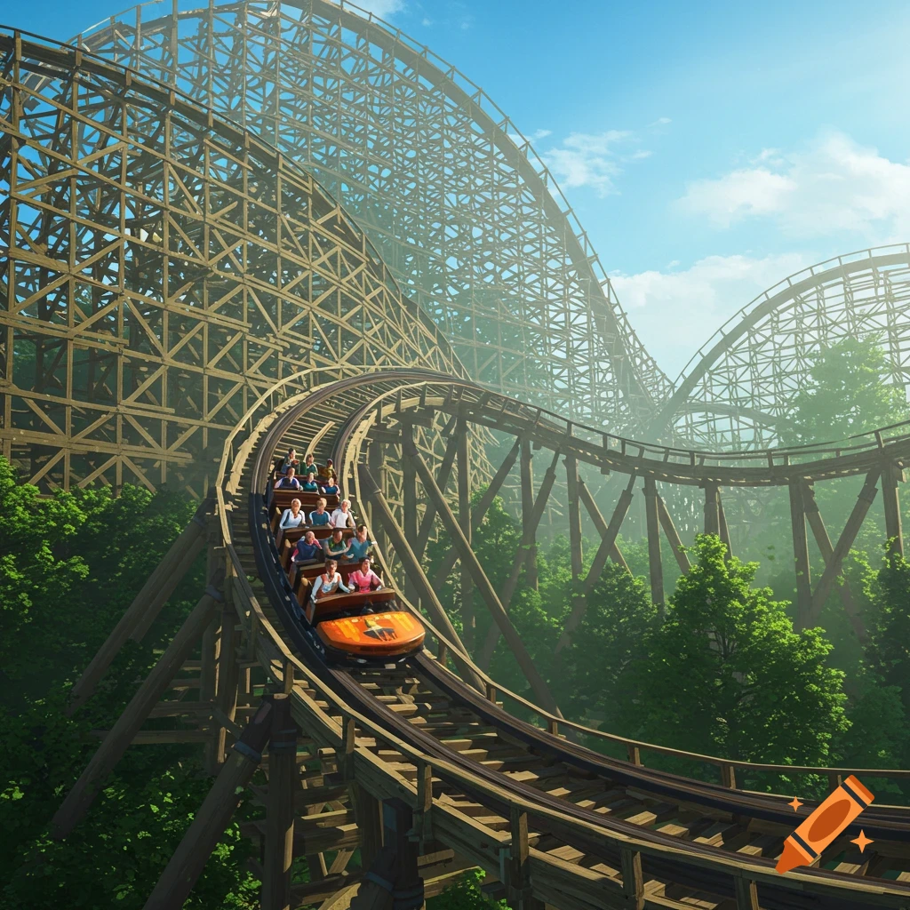 Illustrated blue roller coaster splashing through water in a tropical amusement park with palm ...