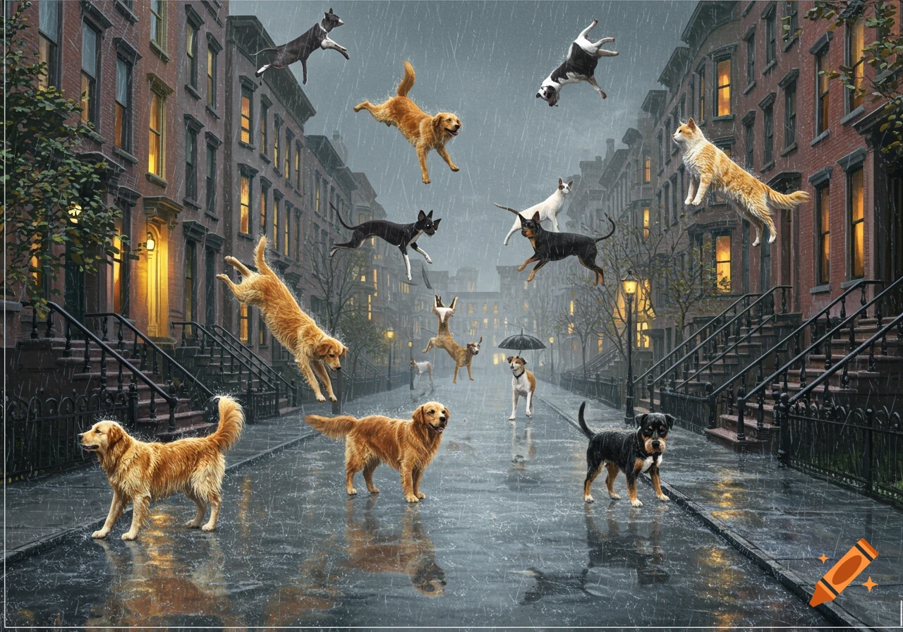 A whimsical scene of dogs and one cat floating and standing in a rainy ...