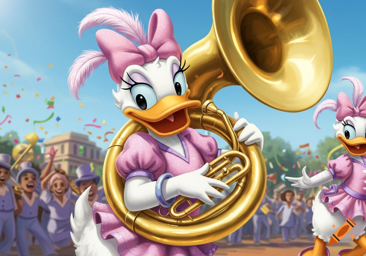 Daisy Duck in a pink outfit playing a sousaphone during a cheerful ...