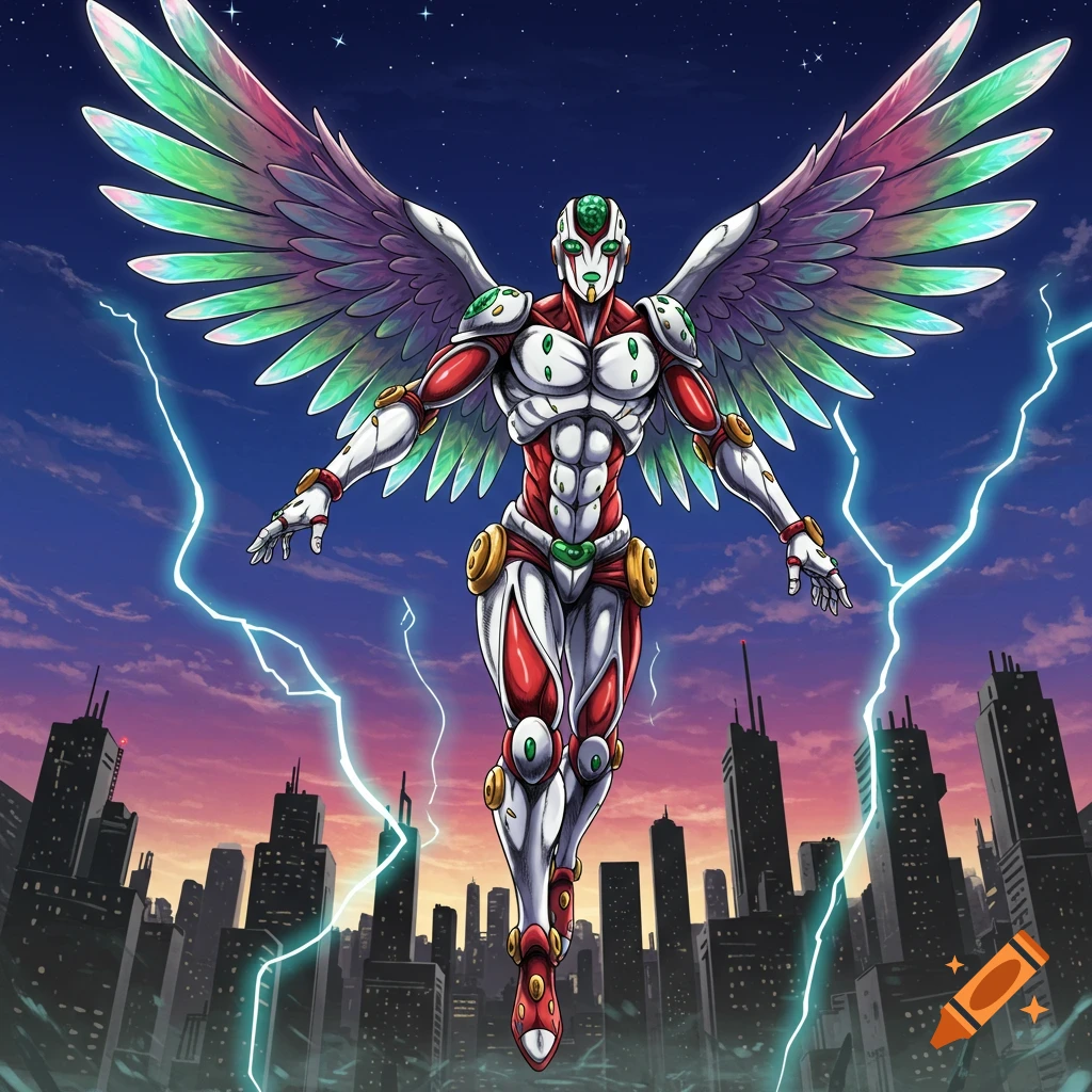 A red, white, and green armored humanoid character with iridescent ...