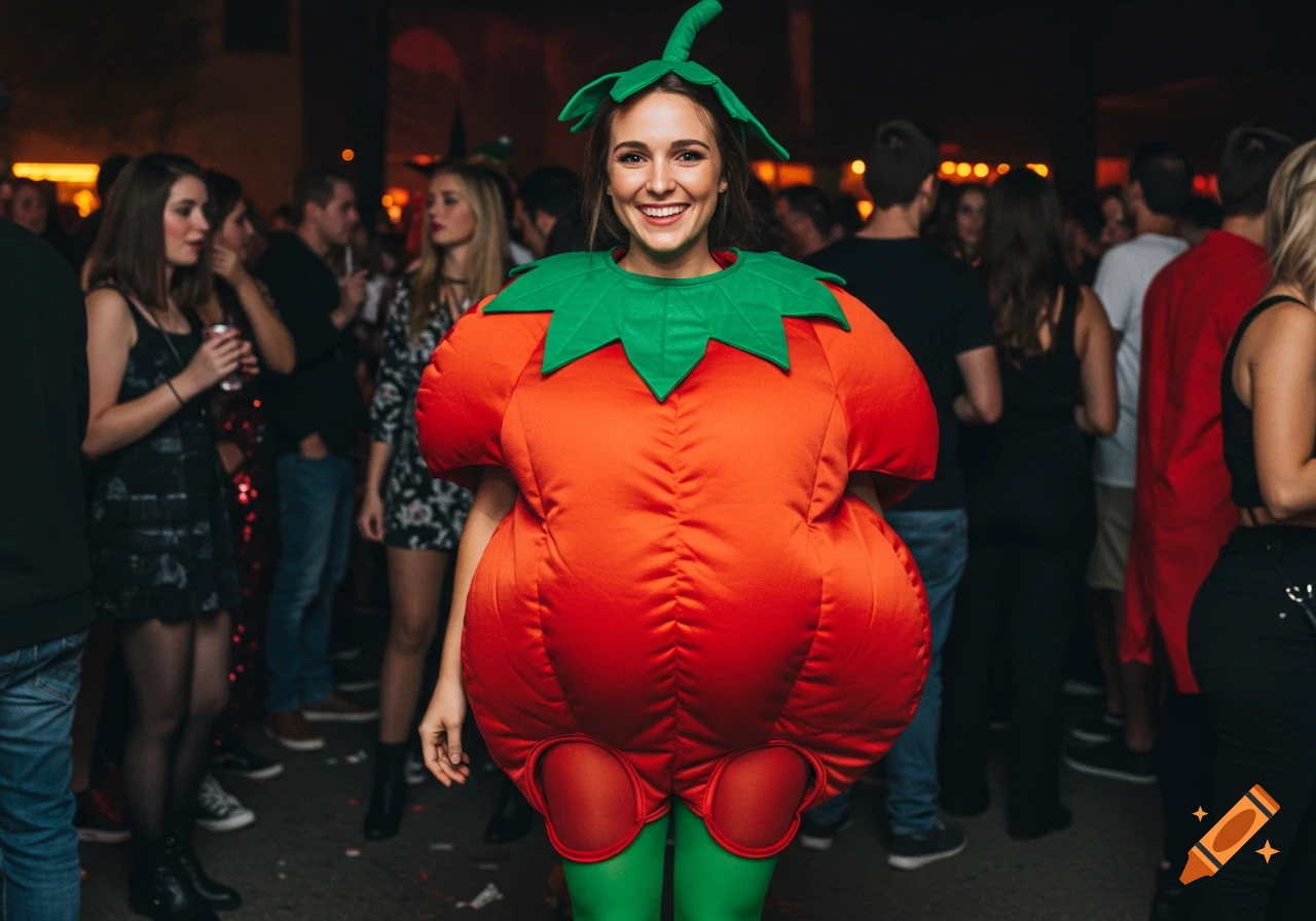 A smiling woman in a plump red tomato costume with green tights stands at a crowded Halloween ...