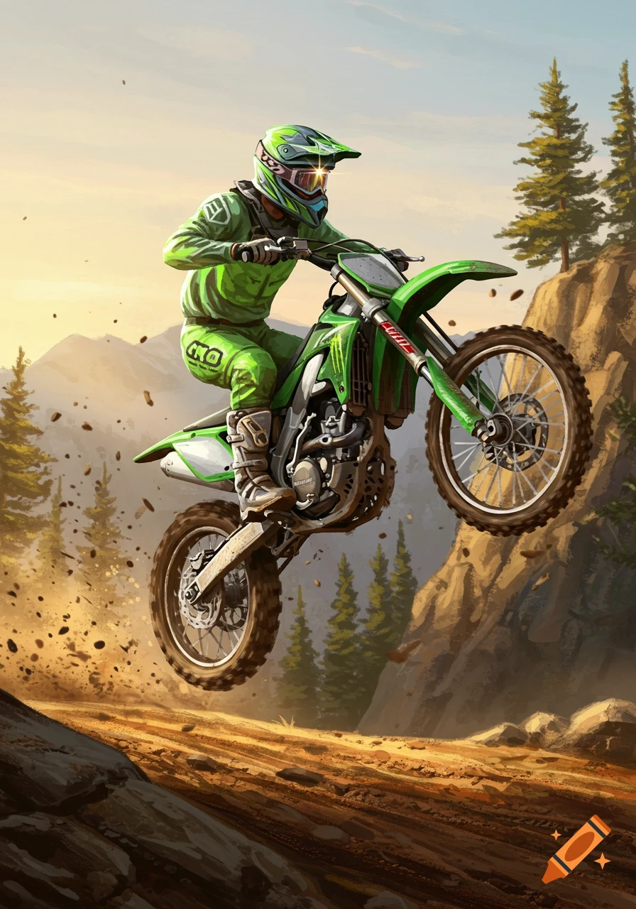 Illustration of a person on a green dirt bike mid-air over a dirt track ...