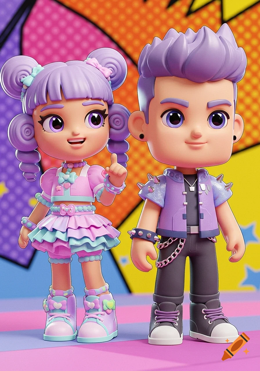 A stylized 3D render of a pink-haired girl and a blue-haired boy ...