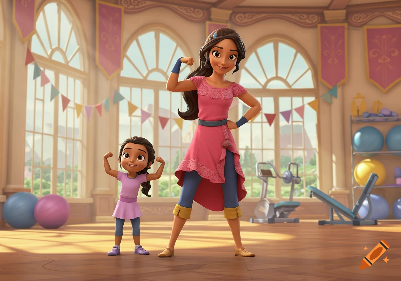 Two animated characters, Elena of Avalor and her mother, flex their ...
