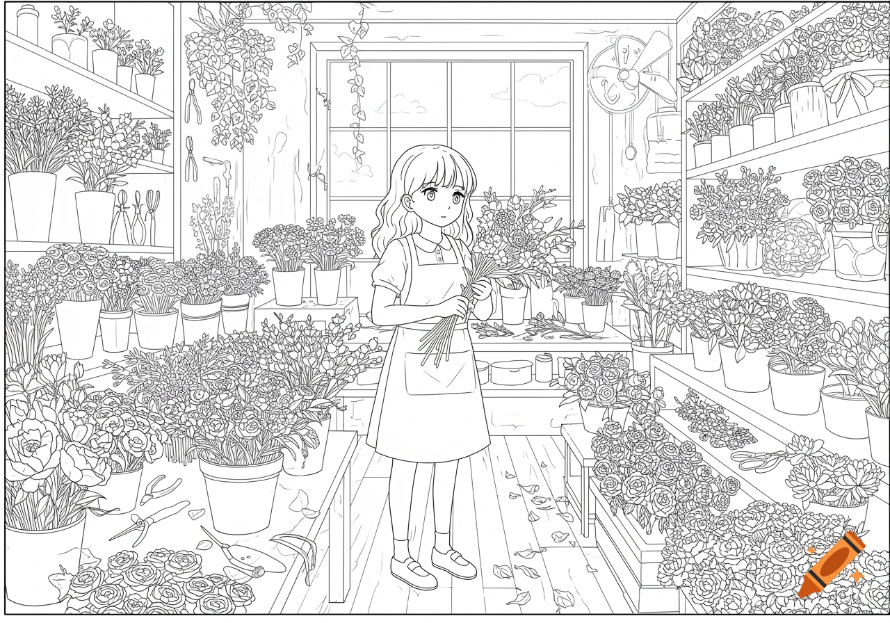 Line art illustration of a girl making a flower bouquet in a detailed ...