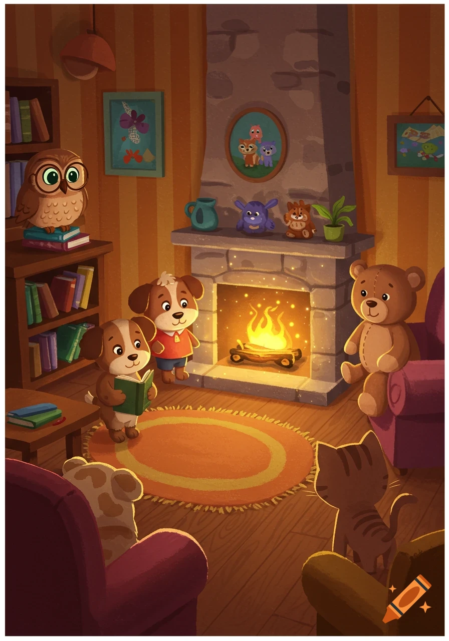 A whimsical cartoon of diverse children and animal characters happily ...