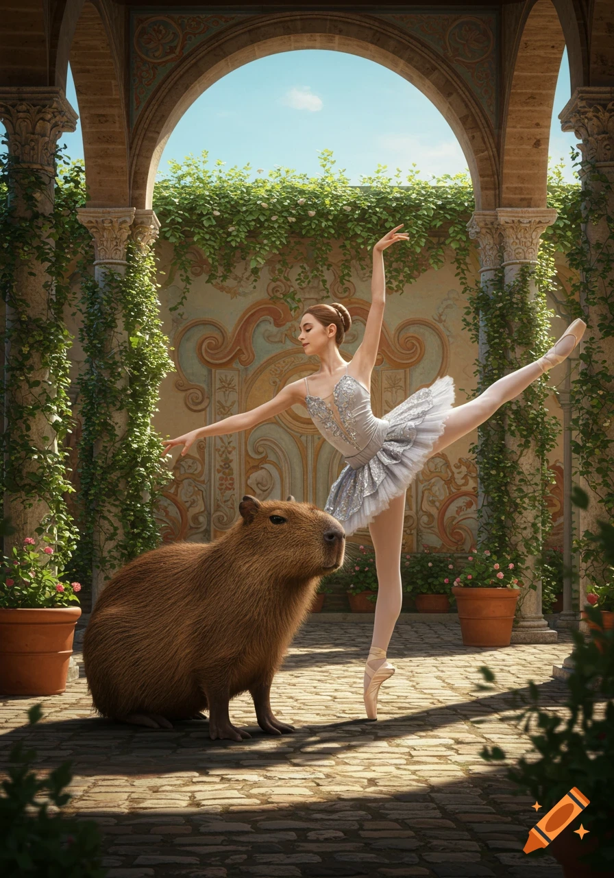 A ballerina in a silver tutu dances en pointe next to a capybara in an ...