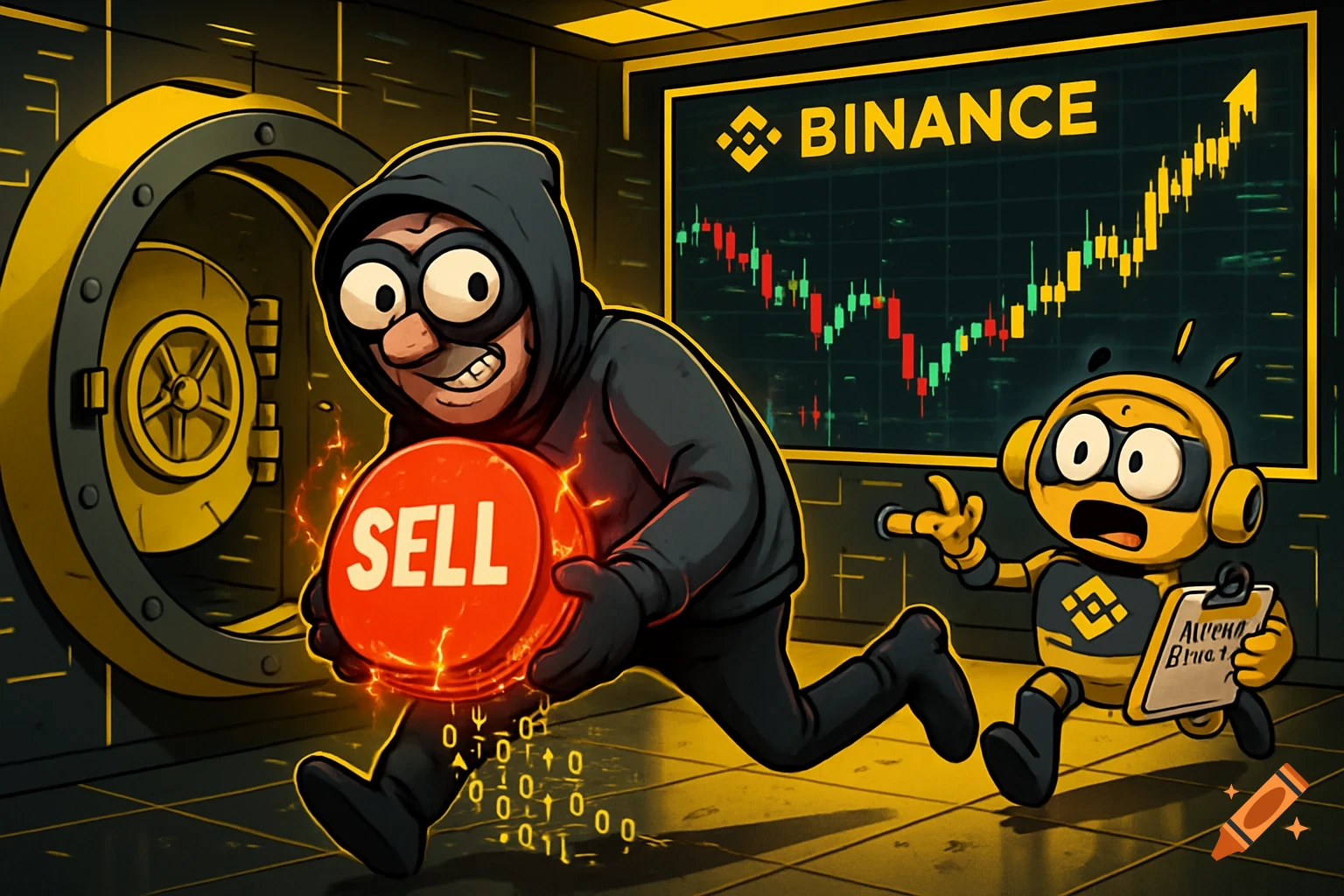 A cartoon thief in a hoodie and mask runs from a Binance mascot, holding a giant red "SELL ...