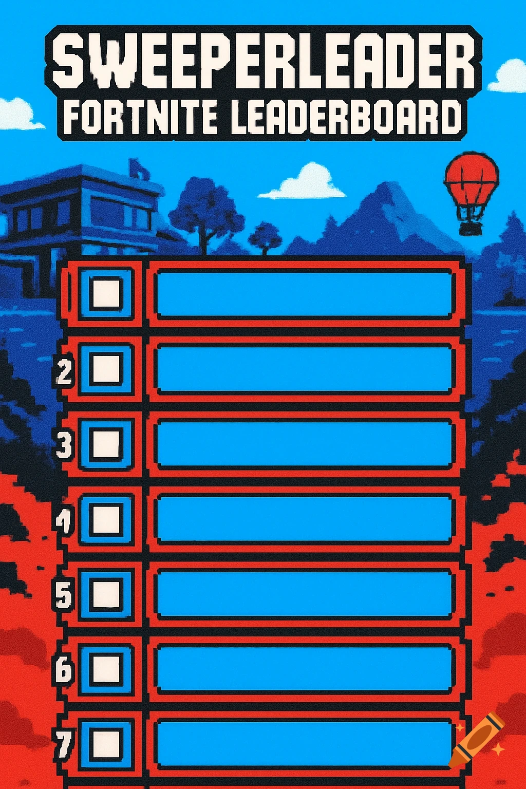 Pixel art Fortnite-themed leaderboard with empty slots, a building ...