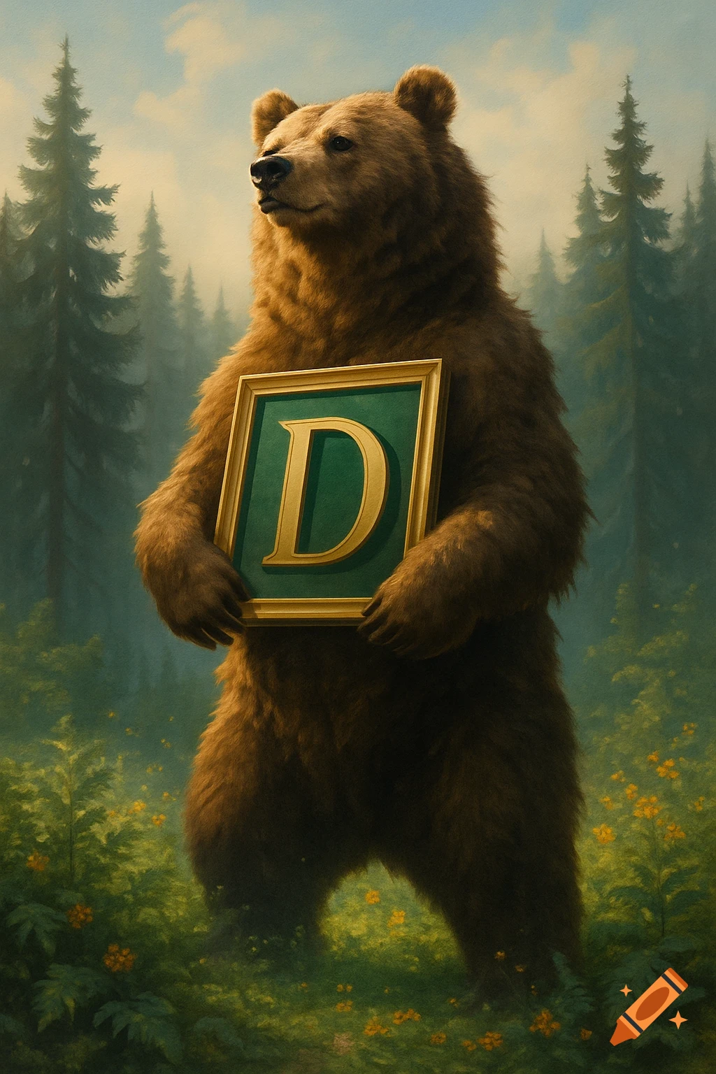 A brown bear stands upright in a lush forest, holding a golden-framed ...