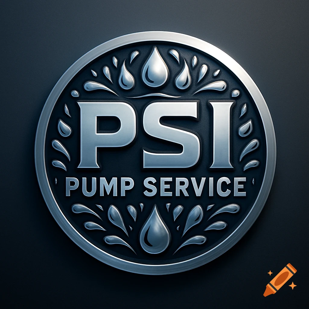 A silver metallic circular logo with the text "PSI PUMP SERVICE" in ...