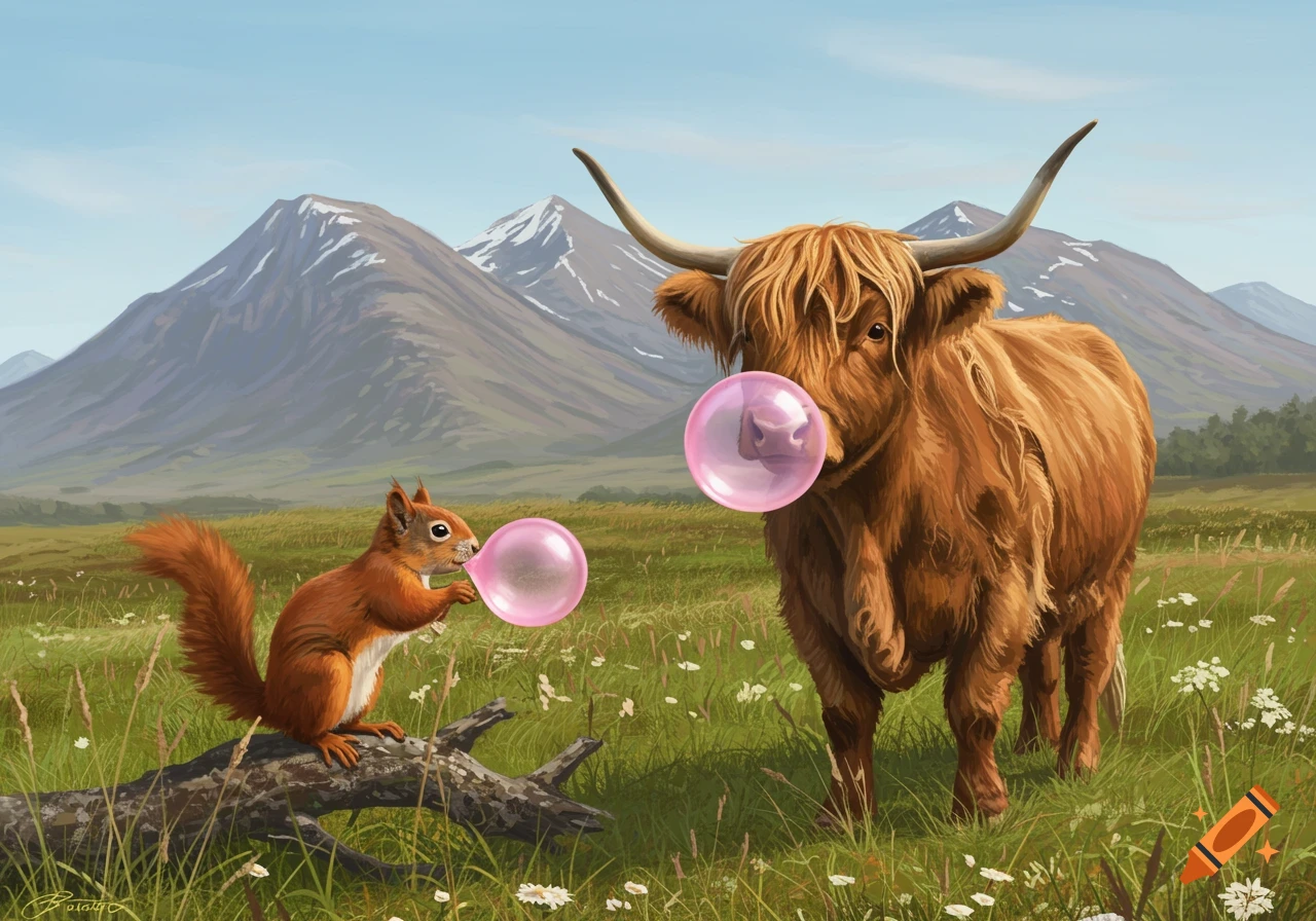A whimsical painting of a red squirrel and a Highland cow blowing pink ...