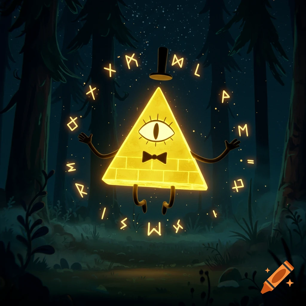 Bugs Bunny holds a carrot, looking up at a menacing Bill Cipher ...