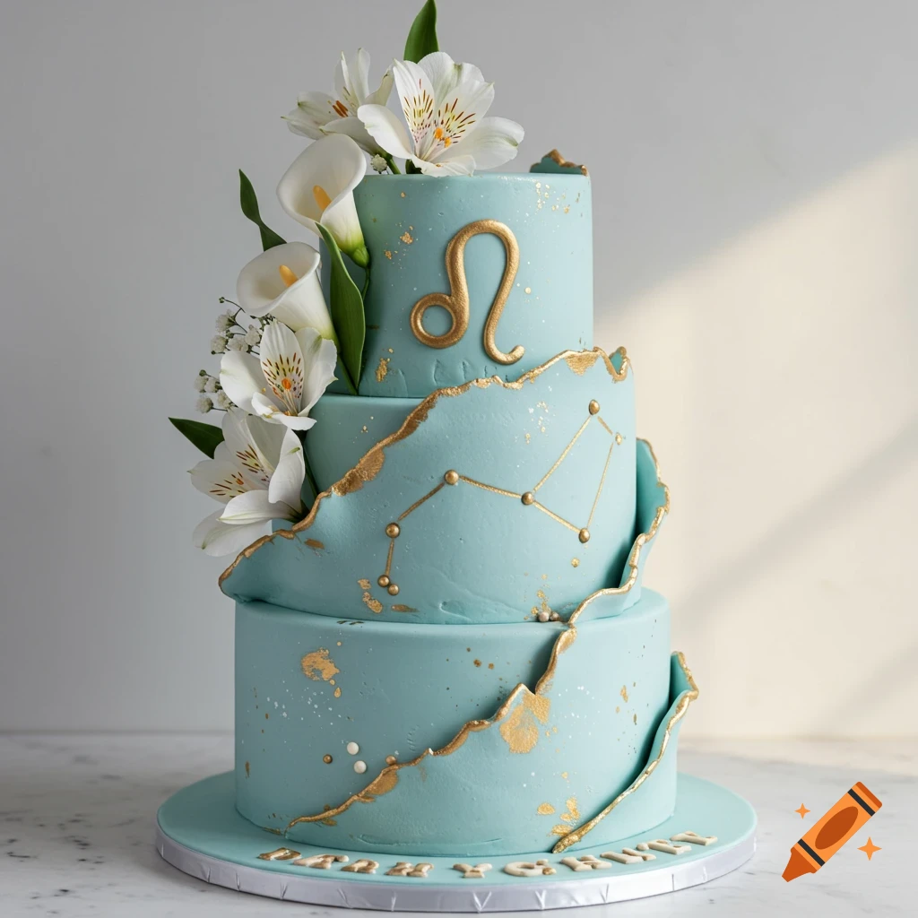A light blue three-tier cake with gold accents, white lilies, a gold ...
