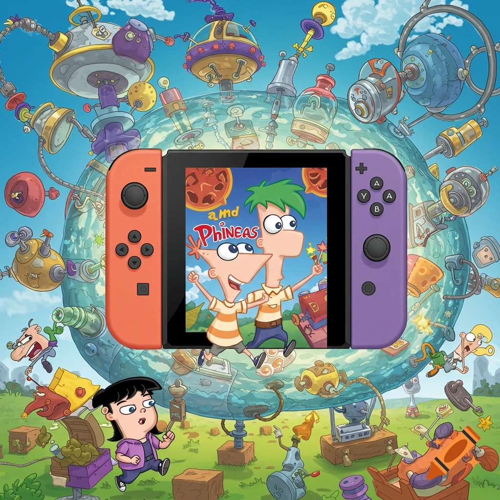 A Nintendo Switch with a Phineas and Ferb game cartridge on its screen ...