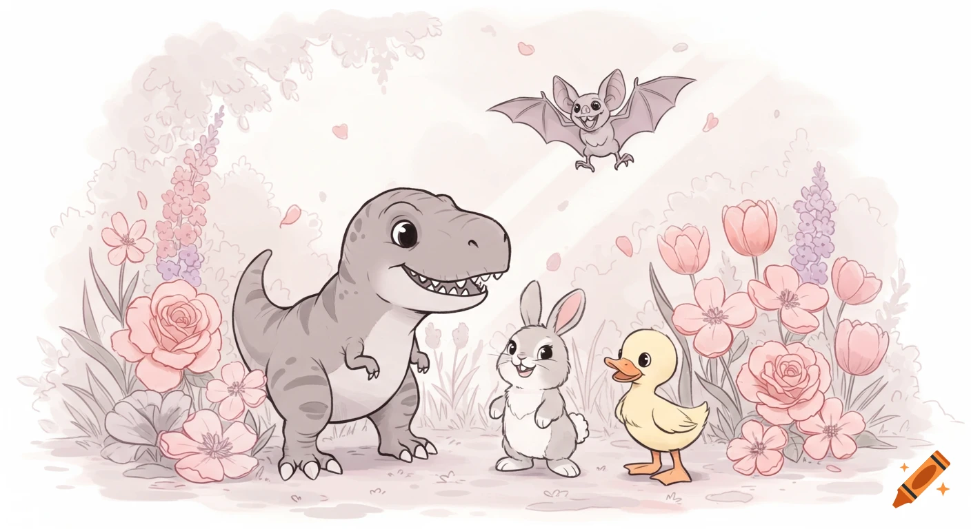 A cute cartoon T-Rex, bunny, duckling, and bat are gathered happily ...
