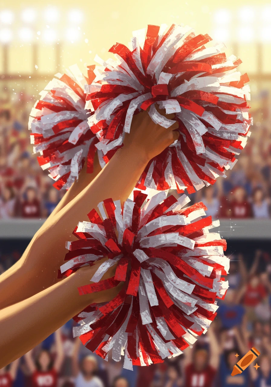 Hands holding red and white cheerleading pom-poms in a stadium with a ...