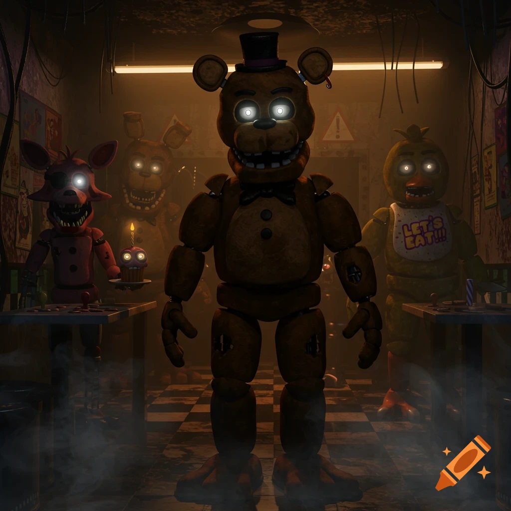 Freddy Fazbear, Bonnie, Chica, and Foxy animatronics stand in a dark ...