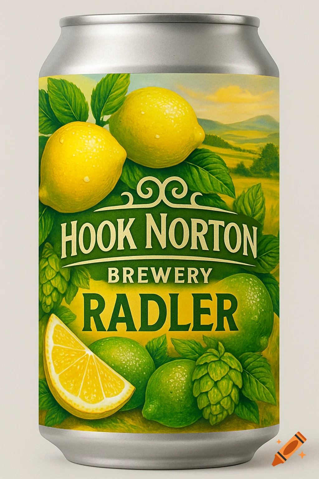 A close-up, photorealistic image of a silver beverage can with a green ...