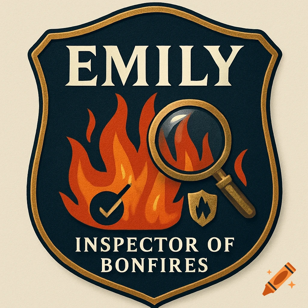 A shield-shaped badge with 'EMILY' and 'INSPECTOR OF BONFIRES' text, a ...