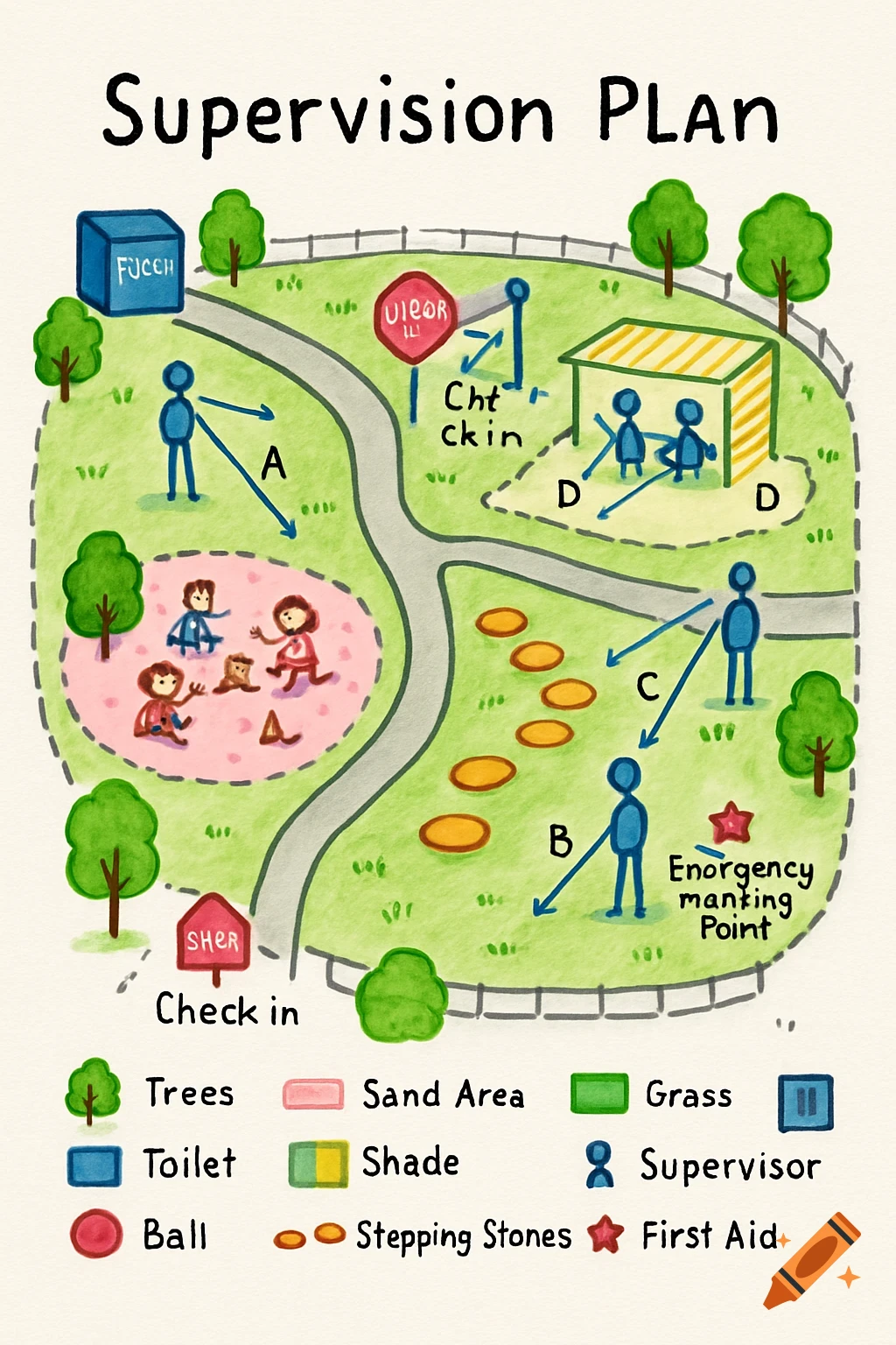 A colorful, hand-drawn map of a children's park with play zones, paths ...