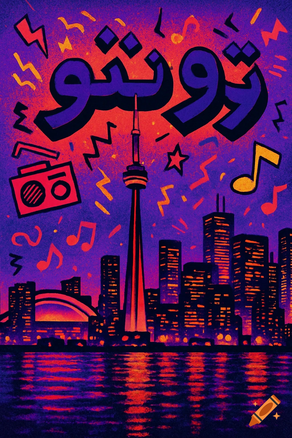 A vibrant 90s style illustration of the Toronto skyline at night with ...