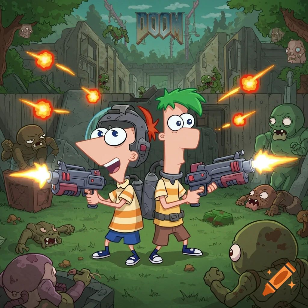Cartoon characters Phineas and Ferb battle green zombies with laser ...