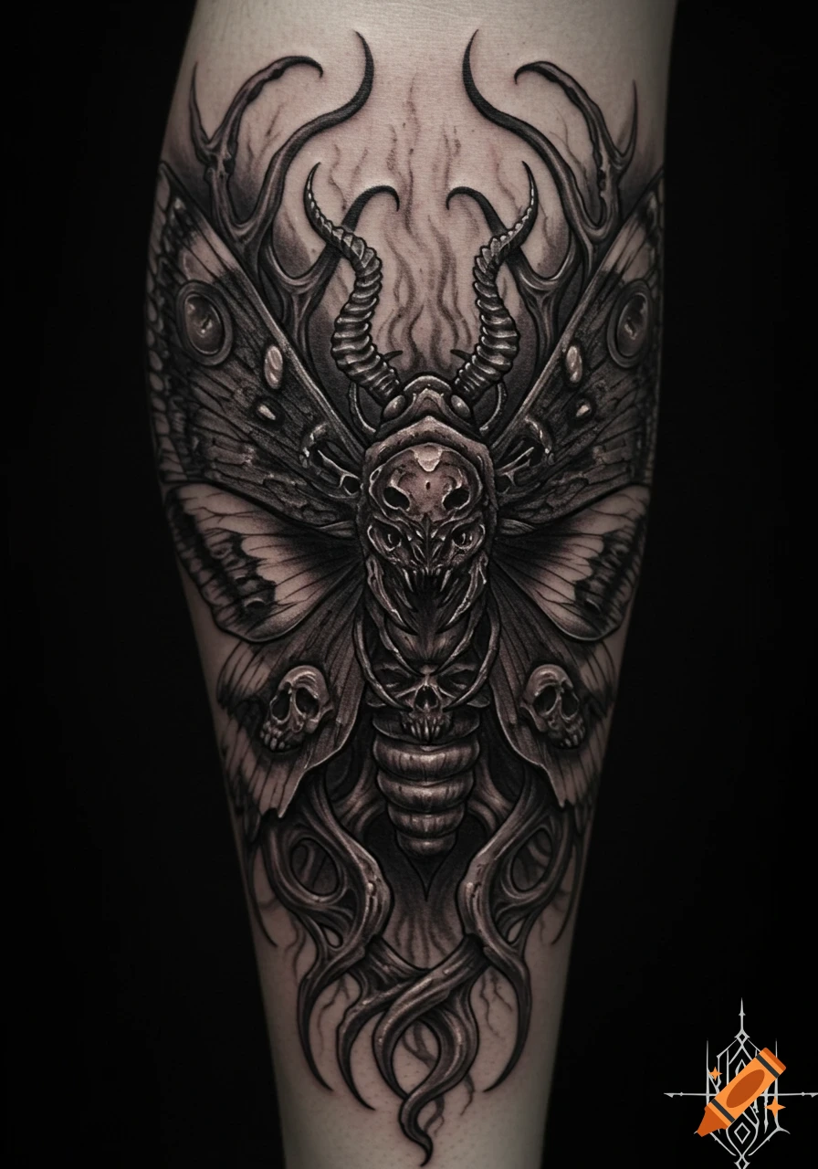 A detailed blackwork tattoo of a tailless whip scorpion on a person's ...