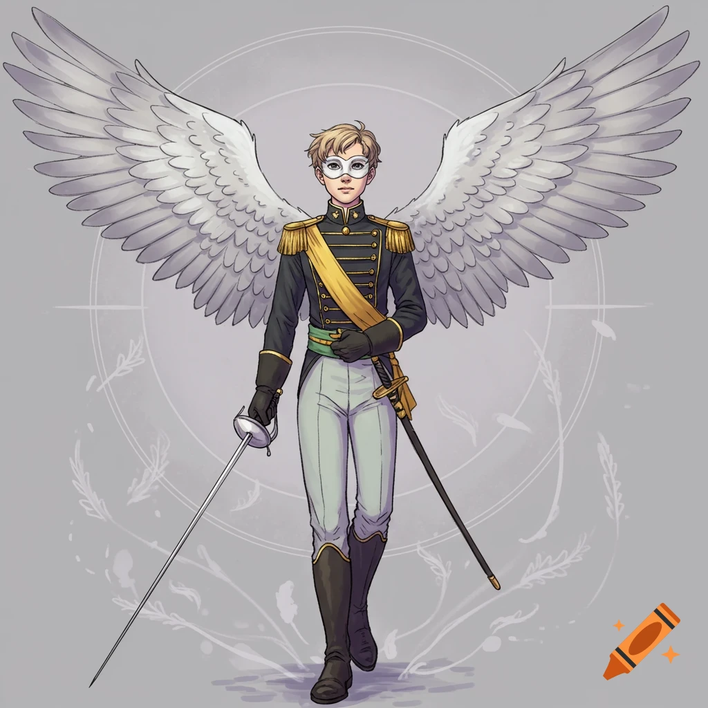A light-skinned, winged male teenager in a dark military uniform, white ...