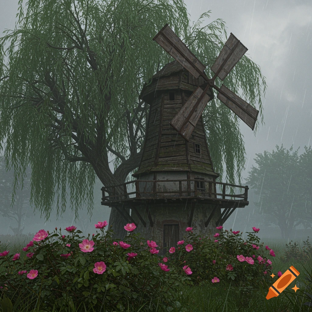 A photorealistic image of an old wooden windmill next to a large ...