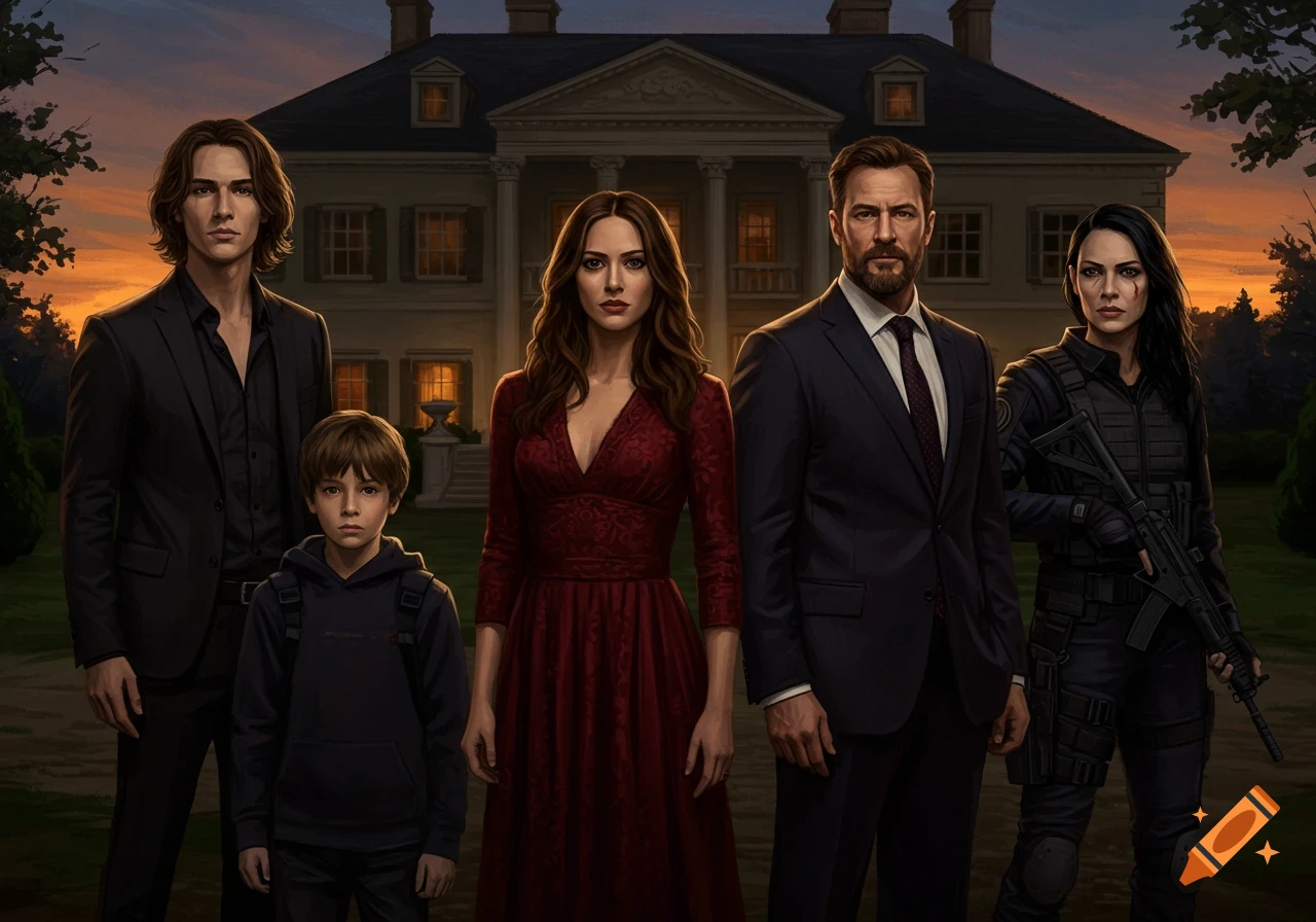 A dramatic painterly portrait of five people standing in front of a ...