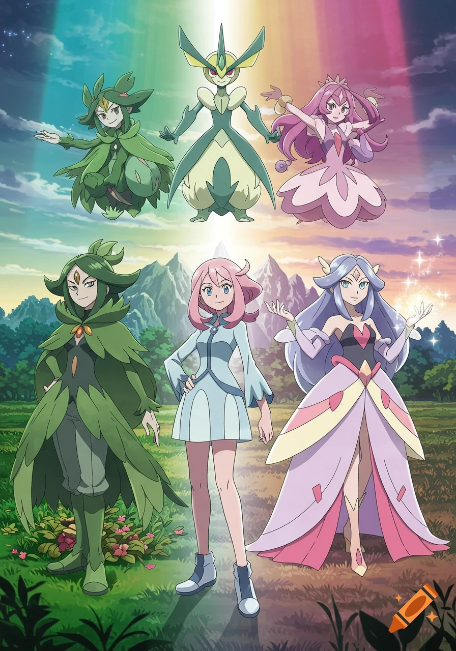Three anime-style girls and three fantasy creatures stand in a vibrant ...