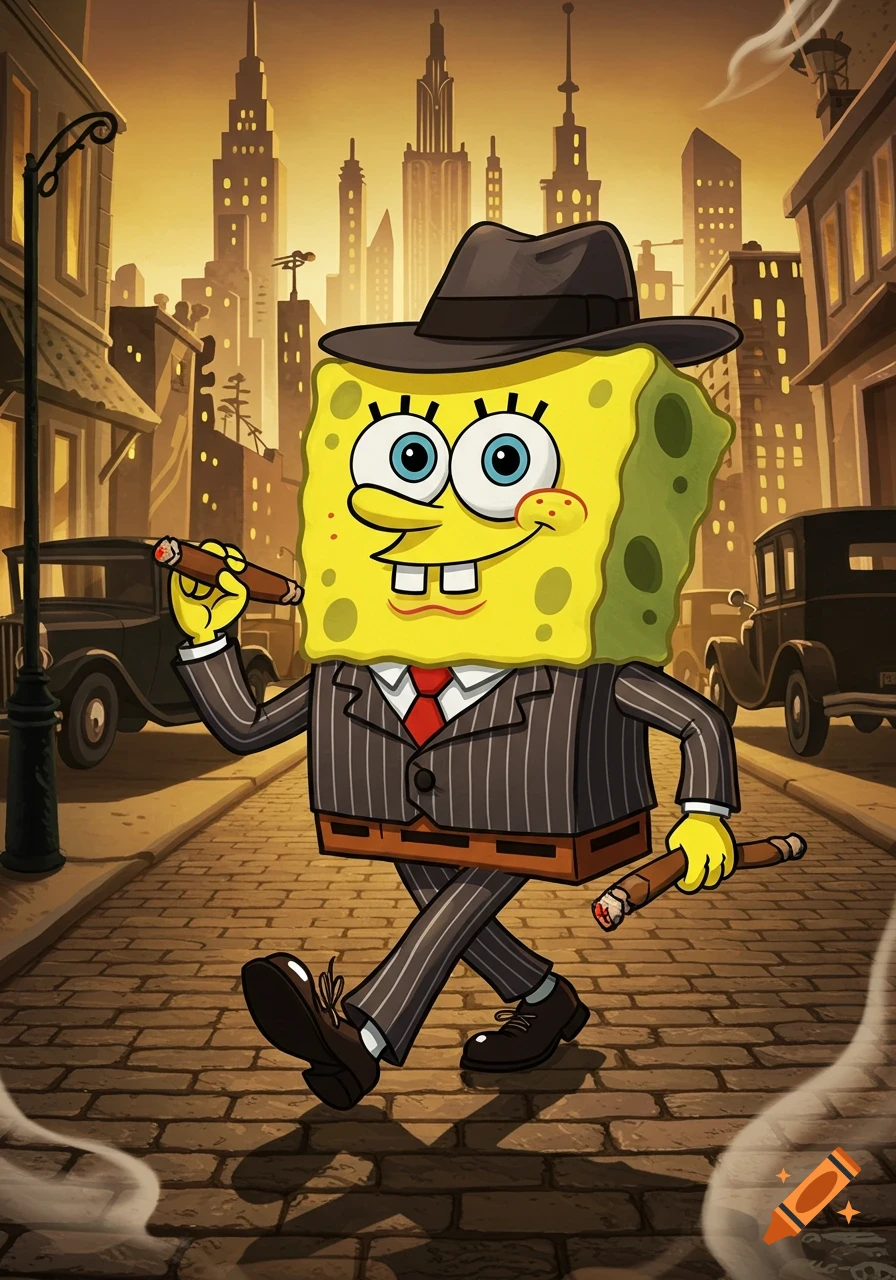 Spongebob in a pinstripe suit and fedora walks down a sepia-toned city ...