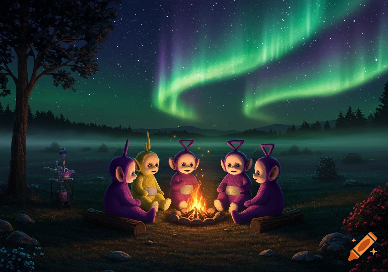 Five Teletubbies sit around a campfire at night under a vibrant green ...