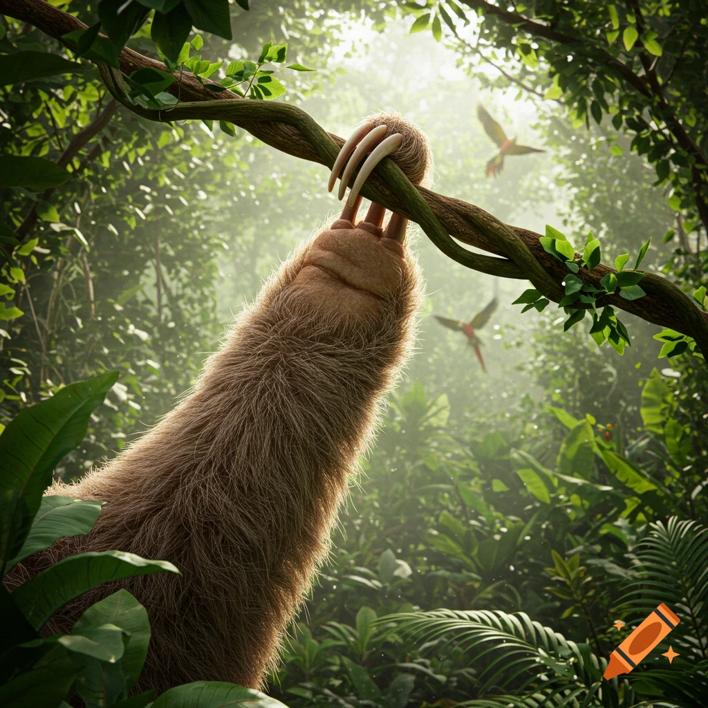A sloth's furry arm and clawed hand hang from a vine in a bright, green ...