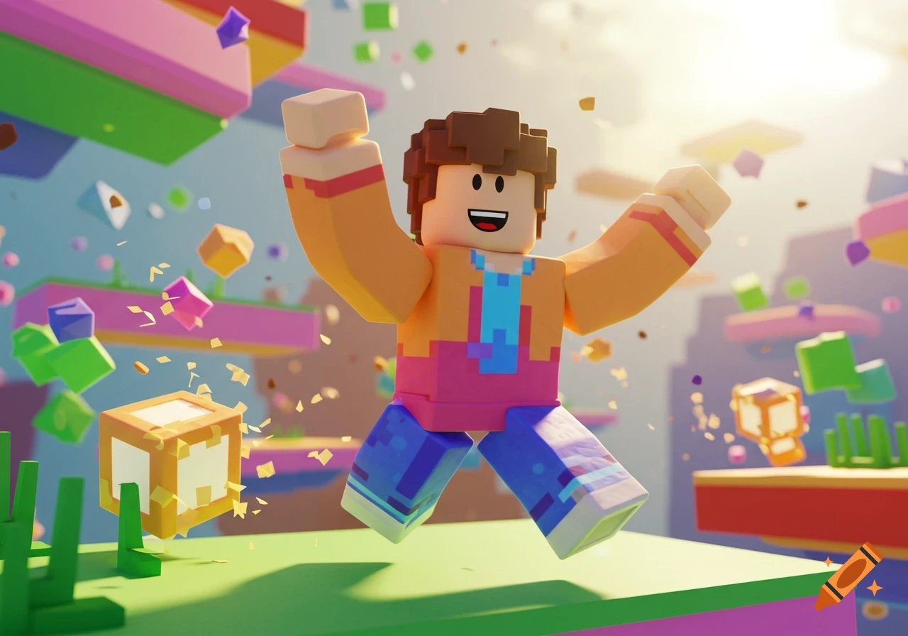 A 3D rendered Roblox character stands on a path in a colorful, blocky world with fluffy pink ...
