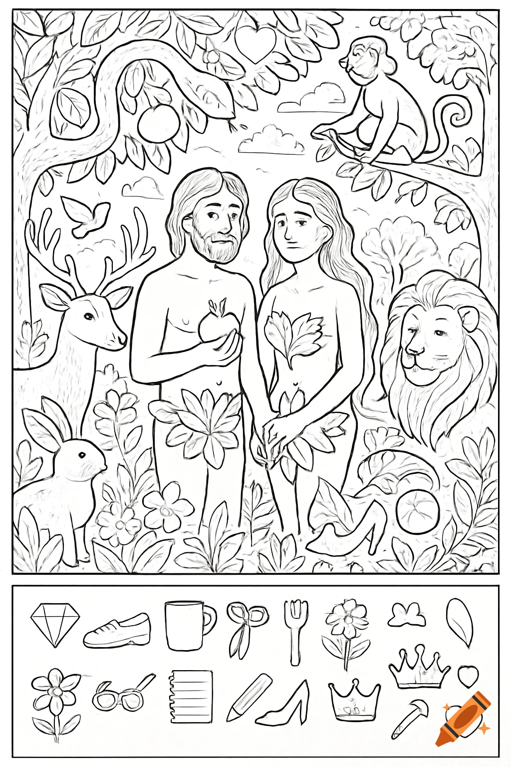 Black and white coloring page of Adam and Eve in the Garden of Eden ...