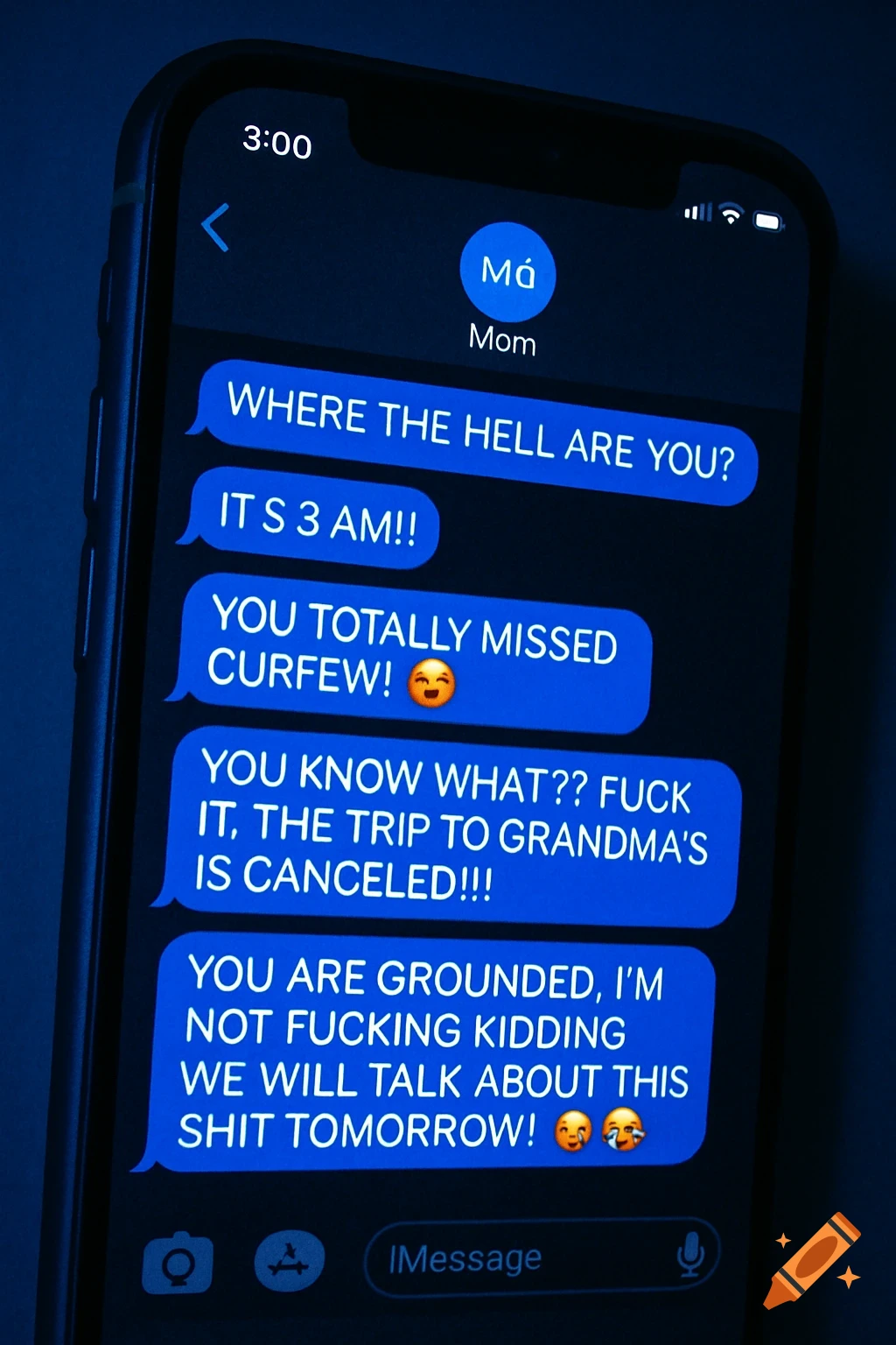 Close-up of an iPhone screen displaying a series of blue text messages ...