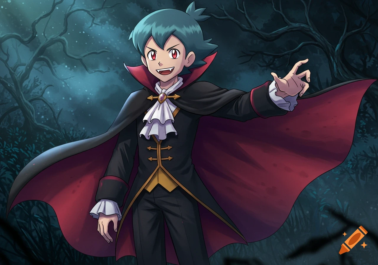 Anime boy Barry from Pokémon as a vampire, with red eyes and fangs ...