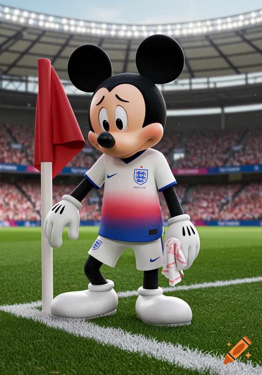 Mickey Mouse, looking sad, stands on a football pitch next to a corner flag. He wears a white ...