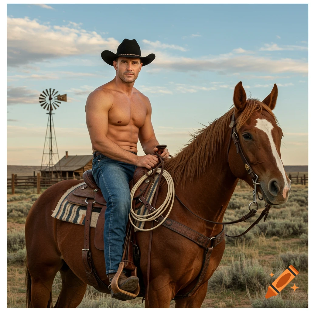 Muscular shirtless cowboy in a black hat and jeans sits on a chestnut ...