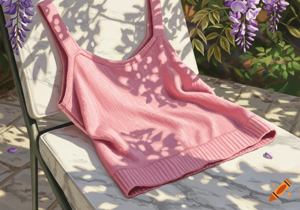 A pink tank top sits on a white chair outdoors, dappled with sunlight ...