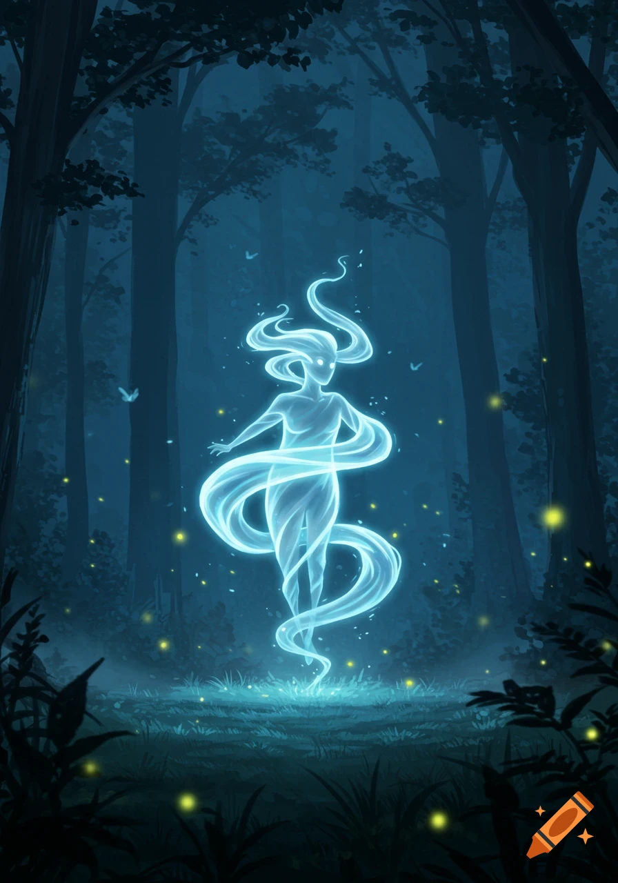 A glowing blue spirit with swirling hair in a dark, misty forest with ...